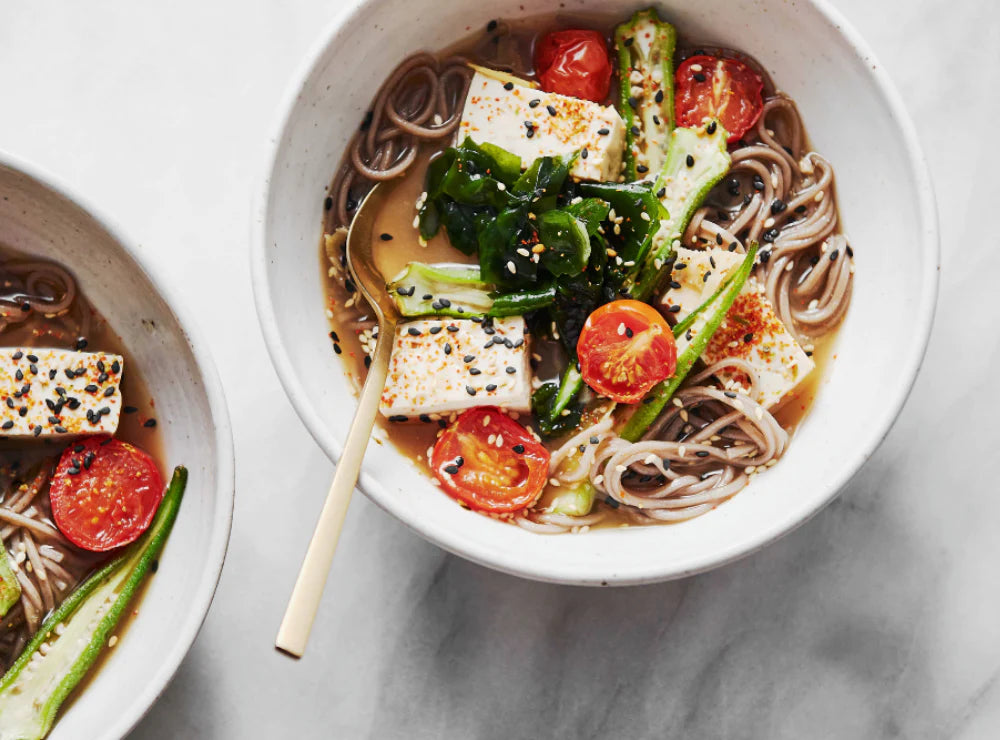 Okra, Roasted Tomato & Buckwheat Noodle Bowl with Miso Ginger Broth ...